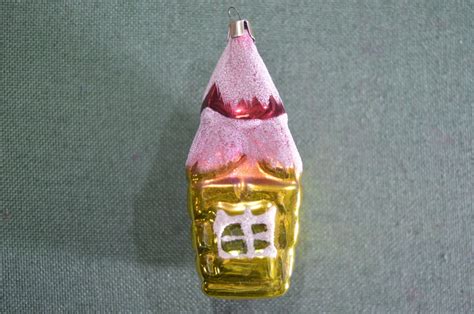 Купить Елочная игрушка стеклянная Домик золотистый малиновая крыша Стекло подвес в