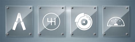 속도계 캘리퍼 기어 시프터 및 자동차 배터리 점퍼 전원 케이블이있는 자동차 브레이크 디스크를 설정합니다 정사각형 유리 패널 벡터 개념에 대한 스톡 벡터 아트 및 기타 이미지