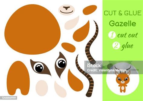 잘라 서 아기 가젤접착제 워크시트를 개발하는 교육 미취학 아동을위한 컬러 종이 게임 종이에 이미지와 접착제의 일부를 잘라 만화 캐릭터 다채로운 벡터 스톡 일러스트레이션 0