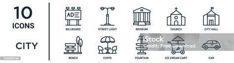 도시 개요 아이콘 세트에는 얇은 선 광고판 박물관 시청 커피 아이스크림 카트 자동차 보고서 프리젠 테이션 다이어그램 웹 디자인을