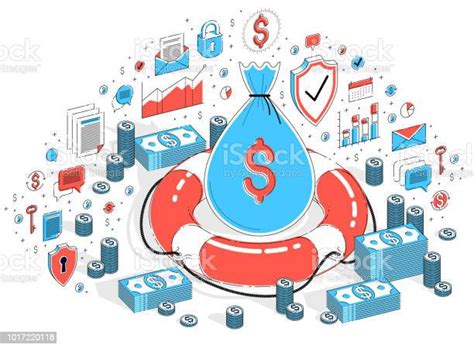 재정 원조 개념 큰 현금 돈 가방 흰색 배경에 고립 생활 부 표 Lifebelt 아이소메트릭 3d 벡터 일러스트 아이콘 통계 차트와 디자인 요소를 재정 3차원 형태에 대한