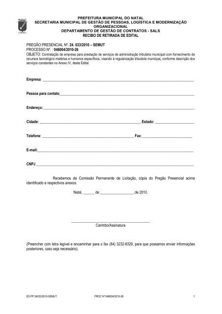 Recibo De Retirada De Edital PregÃ O Presencial NÂº 24