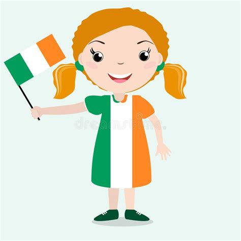 白色背景中举着爱尔兰国旗的微笑的女孩 矢量卡通吉祥物 一天的假日插图 向量例证 插画 包括有 服装 标志 258313688