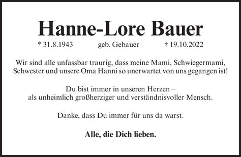 Traueranzeigen Von Hanne Lore Bauer N Land