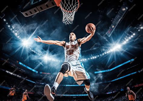 Premium Ai Image A Wideangle Shot Of A Basketball Player Jumping In Midair For A Slam Dunk