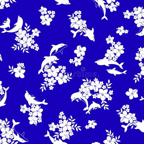 Cute Hibiscus And Dolphin Pattern Suitable For Textiles Stock Vector