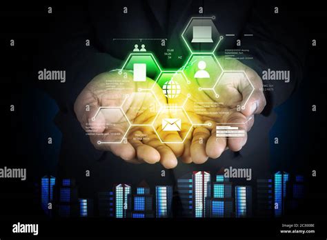 Man Showing Networking With Virtual Display In Color Background Stock