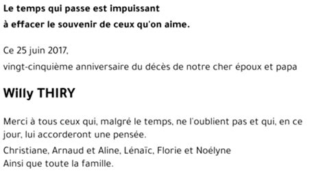Avis De Décès De Willy Thiry Décédé Le 01011901 à Annonce
