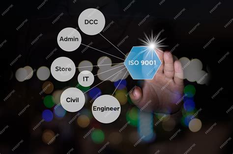 Premium Photo A Businessman Hand Touch The Iso Polygon Icon Iso 9001 System Department Bokeh
