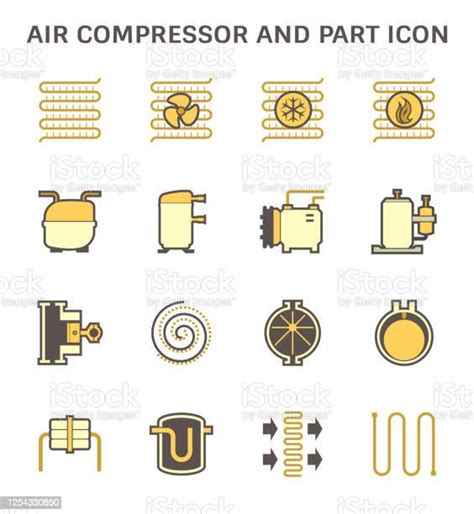 공기 컨디셔너 시스템 벡터 아이콘세트 디자인의 공기 압축기 부분은 흰색 배경에 설정됩니다 압축기에 대한 스톡 벡터 아트 및 기타