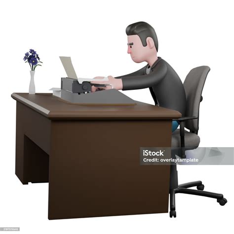 크리 에이 티브 3d 모델 남성 시나리오 작가가 탁자 위에 타자기를 놓고 의자에 앉아 양손으로 키보드를 치고 타이핑하고 있습니다 시나리오 작가 캐릭터 3차원 형태에 대한