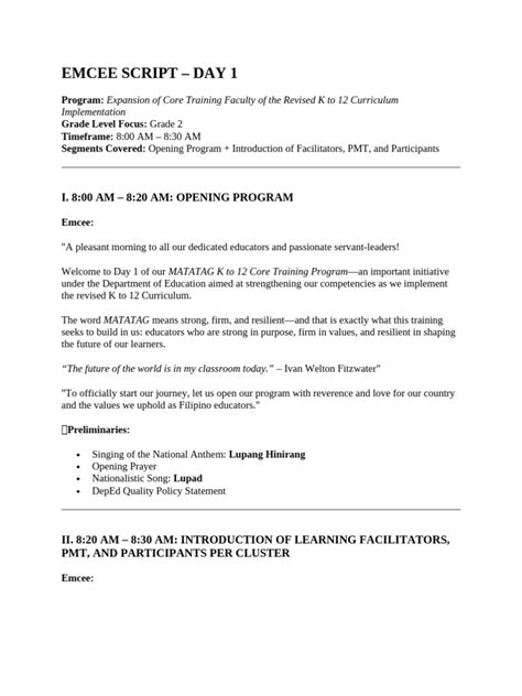 Emcee Script For K To 12 Training Day 1 Pdf