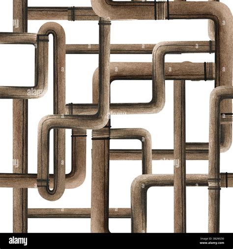 Copper Pipes Plumbing Pipeline With Connectors Seamless Pattern Isolated From Background