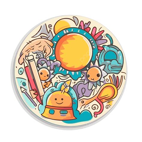 다채로운 문자와 개체 클립 아트를 포함하는 라운드 스티커 일러스트 벡터 고립 된 그림 그리기 만화와 스티커 디자인 상표 스티커 일러스트 Png 일러스트 및 벡터 에