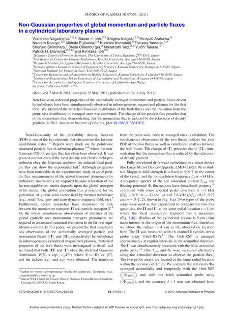 Pdf Non Gaussian Properties Of Global Momentum And Particle Fluxes In A Cylindrical Laboratory