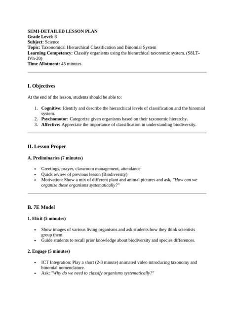Semi Detailed Lesson Plan Science 8 Taxonomical Hierarchical Classification Pdf Taxonomy