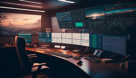 Computer Desk With Computer Monitor And Laptop On It In Front Of Window Generative Ai Stock