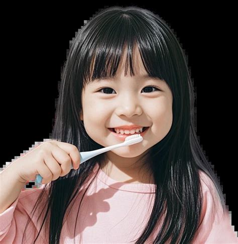 一个三岁的中国小女孩在微笑着刷牙，长头发，长得很漂亮，可爱，广告拍摄 真实的皮肤，大眼睛，真实感，真人，露全身 花瓣网