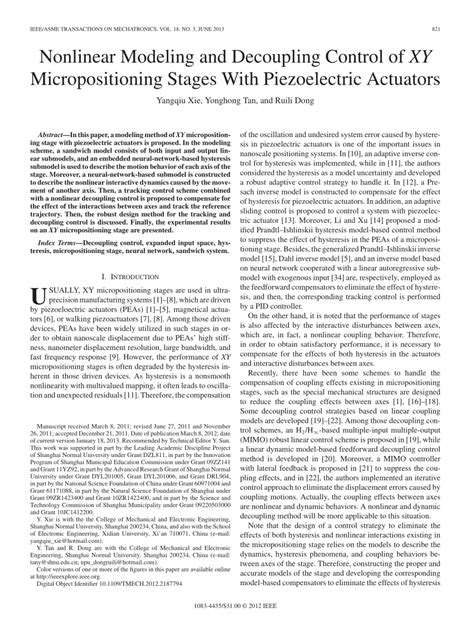 Pdf Nonlinear Modeling And Decoupling Control Of Xy Micropositioning Stages With Piezoelectric