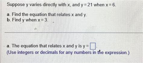 Solved Suppose Y ﻿varies Directly With X ﻿and Y 21 ﻿when