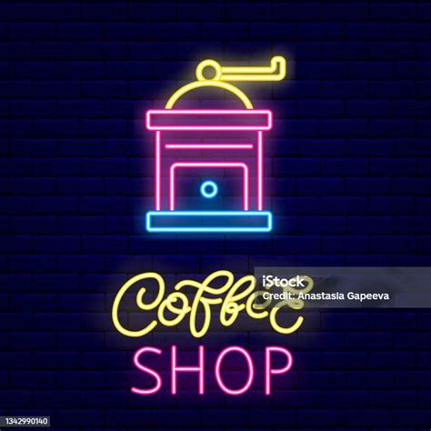 수동 커피 그라인더 네온 라이트 아이콘 커피숍 브러쉬 레터링 밤 밝은 간판 벡터 Llustration 개념에 대한 스톡 벡터