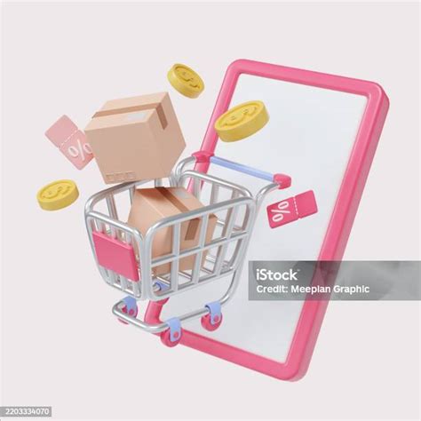 화면에서 나오는 패키지와 동전이 있는 세련된 쇼핑 카트 3d 렌더링 그림 개념에 대한 스톡 사진 및 기타 이미지 개념 경사로 표지판 구매 Istock