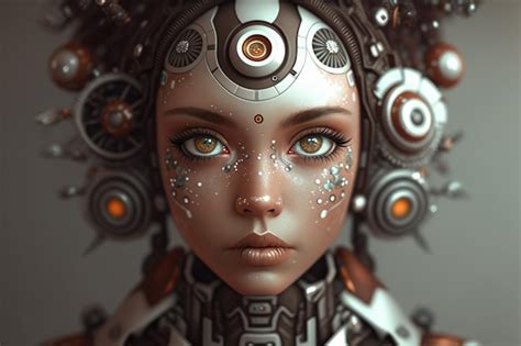 Premium Ai Image A Woman With A Robot Face And A Face With Gears On It