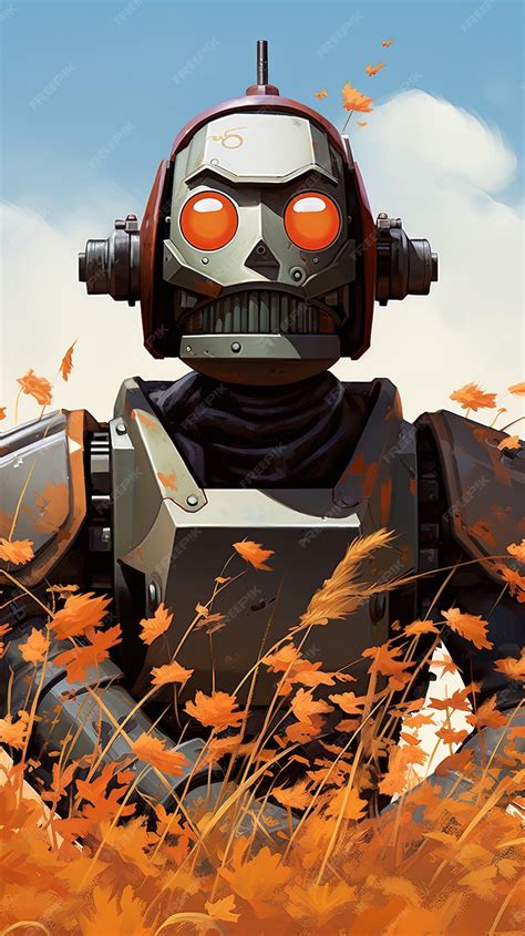 Premium Photo Robot In The Field Funny Robot In The Field Of Yellow Flowers Halloween Concept