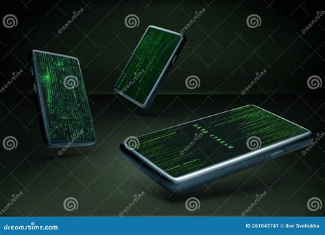 Set Of 3d Mobile Phone With Binary Data Stream In Matrix Style On