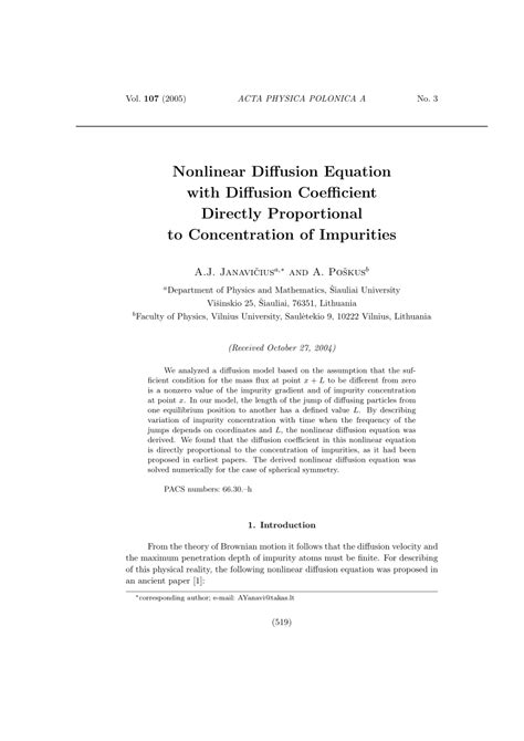 Pdf Nonlinear Diffusion Equation With Diffusion Coefficient Directly Proportional To