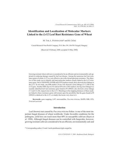 Pdf Identification And Localization Of Molecular Markers Linked To The Lr52 Leaf Rust