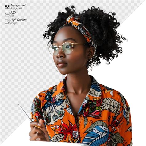 Premium Psd Fashionable Young Woman In Vibrant Floral Shirt And Glasses