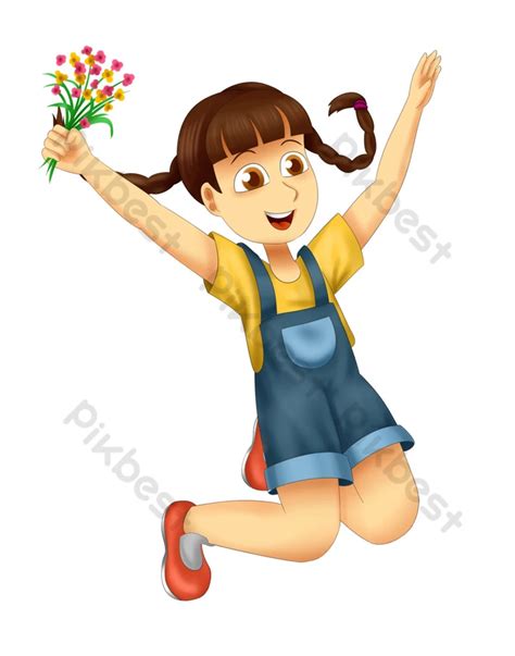 행복 소녀 점프 꽃 따기 일러스트 Png Psd 무료 다운로드 Pikbest