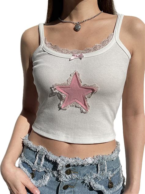Women Basic Lace Trim Crop Cami Top Cute Graphic Print Tank Top Going