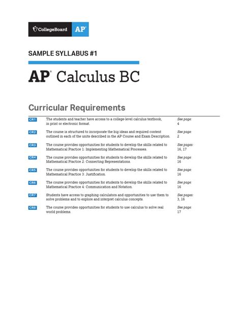 Ap Calculus Bc Sample Syllabus 1 Pdf Derivative Integral