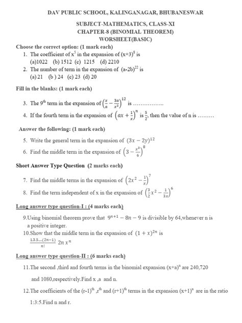 ws class xi binomial theorem pdf numbers mathematical concepts