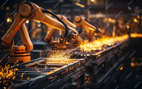 스마트 공장 미래 산업의 중자동화 로봇 팔 기계 프리미엄 사진