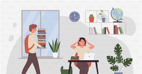 학생 십대 사람들은 집에서 함께 벡터 일러스트레이션을 공부합니다 책 더미를 들고 있는 만화 어린 소년 노트북과 교과서를 들고 책상에 앉아 시험 전에 열심히 공부하는 지친