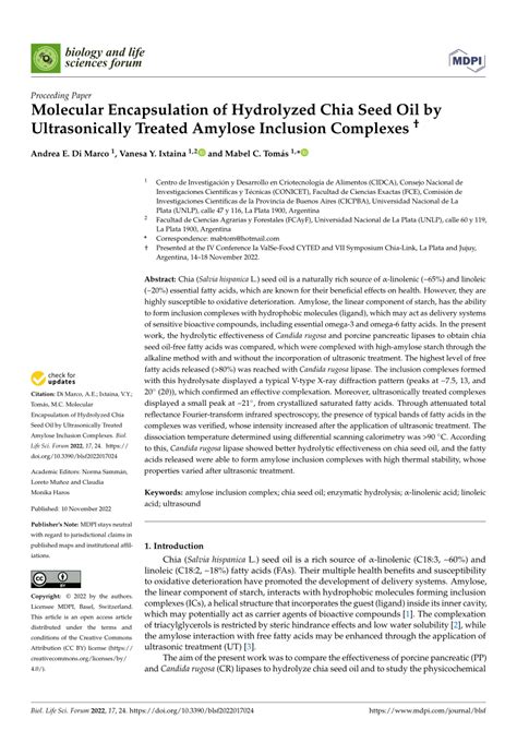 Pdf Molecular Encapsulation Of Hydrolyzed Chia Seed Oil By