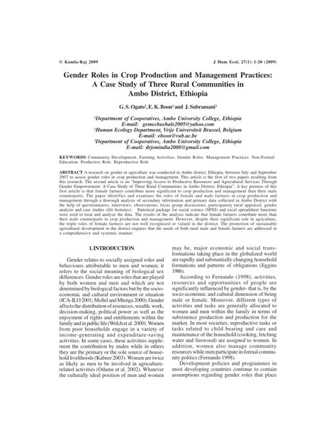 PDF Gender Roles In Crop Production And Management Practices A Case Study Of Three Rural