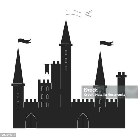 medieval castle with waving flags black and white 2d line cartoon