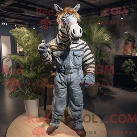 Mascot Character Of A Olive Zebra Dressed With A Denim Shirt And Belts