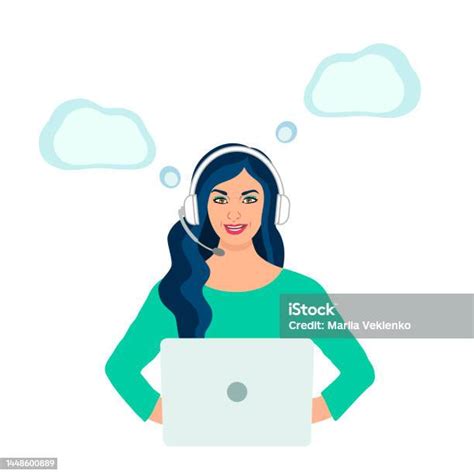 리셉션 콜센터 핫라인 고객 지원 부서 직원 개념에 헤드셋을 착용한 소녀 헤드폰을 쓴 행복한 미소 콜센터 여성 흰색 배경에 격리된 플랫 모던 스타일 미소에 대한 스톡 벡터