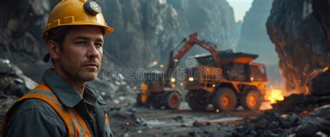 Portrait Of A Male Miner In A Protective Helmet And Gray Orange Uniform In A Coal Mine Or