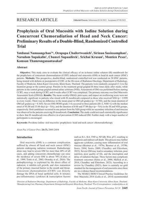 Pdf Prophylaxis Of Oral Mucositis With Iodine Solution During Concurrent Chemoradiation Of