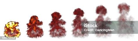 흰색 배경에 고립 된 화재와 연기와 큰 폭탄 폭발 버섯 구름의 많은 이미지 개체의 3d 그림 3차원 형태에 대한 스톡 사진 및 기타 이미지 Istock