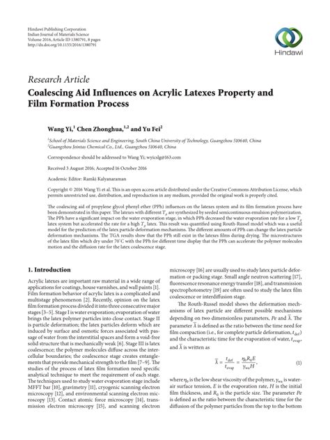 Pdf Coalescing Aid Influences On Acrylic Latexes Property And Film