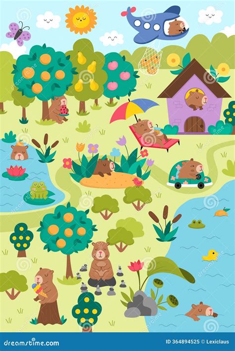 Vector Capybara Landscape Illustration Cute Square Scenery With Capibara Lying On Sun Lounger