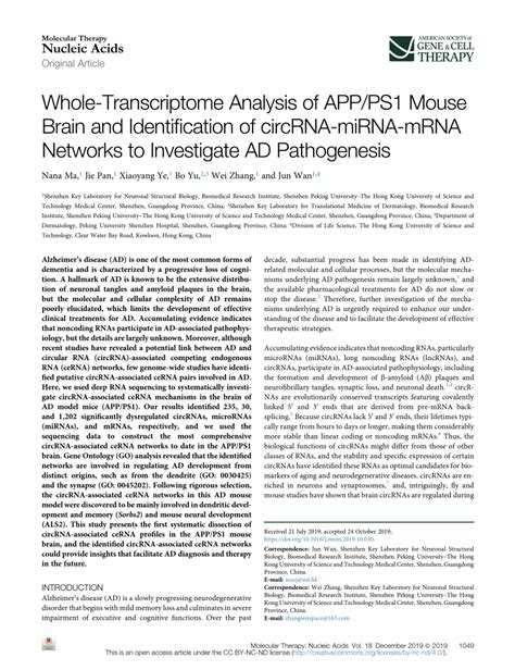 Pdf Whole Transcriptome Analysis Of Appps1 Mouse Brain And Identification Of Circrnamirna