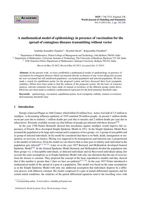 Pdf A Mathematical Model Of Epidemiology In Presence Of Vaccination For The Spread Of